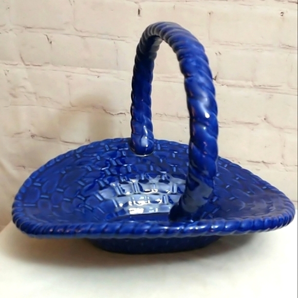 Art | Vintage Cobalt Blue Basket Weave Ceramic Basket With Handle 1175 ...